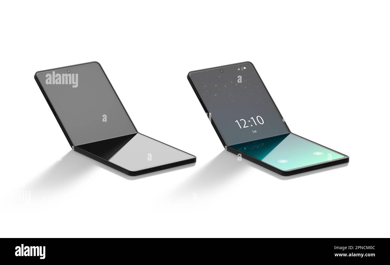 Blank turned on off chamshell phone display half folded mockup Stock ...