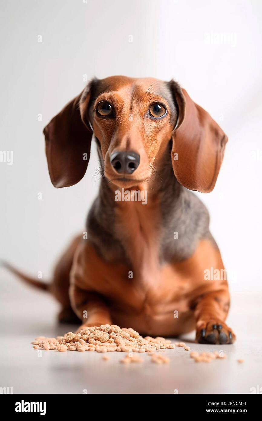 Curious Dachshund dog looking at the camera in home. Adorable pet. Waiting for the over. Dog ...