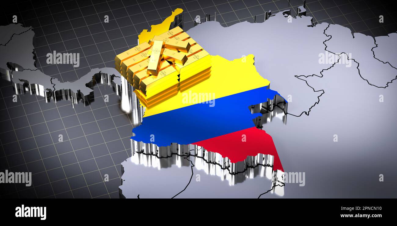 Colombia map and flag, gold ingots - 3D illustration Stock Photo - Alamy