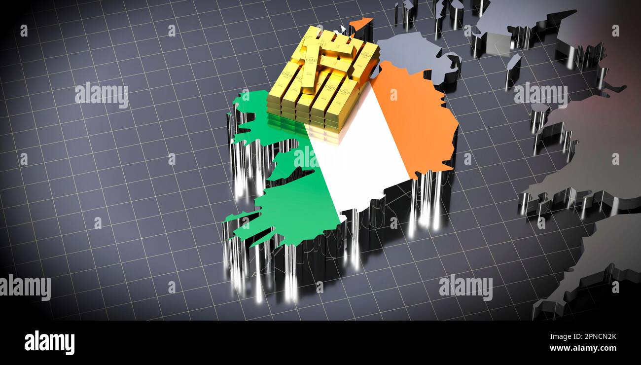 Ireland map and flag, gold ingots - 3D illustration Stock Photo - Alamy