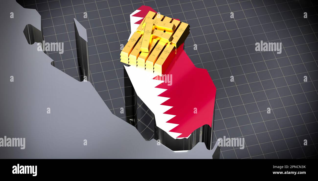 Qatar map and flag, gold ingots - 3D illustration Stock Photo - Alamy