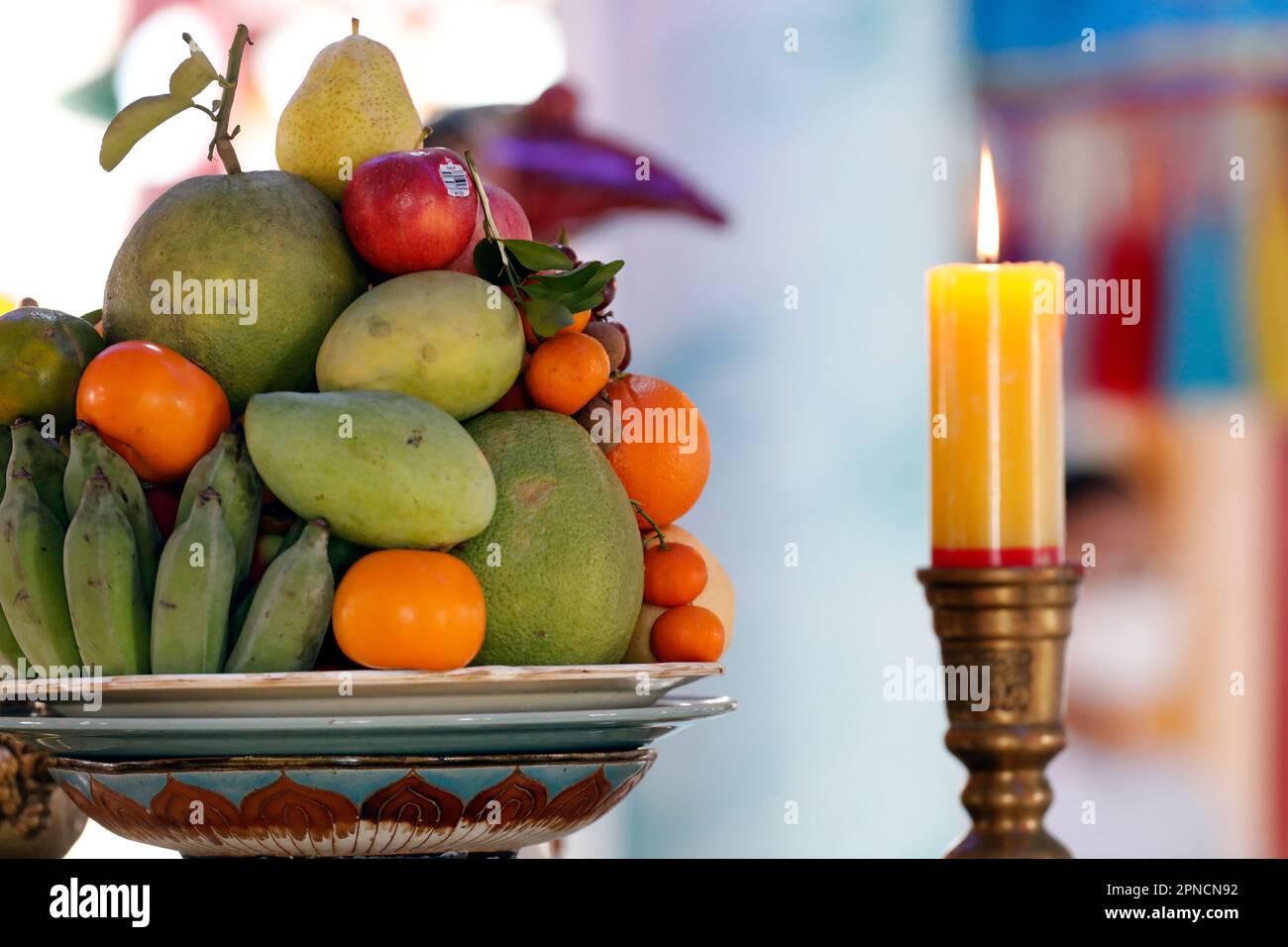 Cao dai temple. Offerings and candle on altar. Tan Chau. Vietnam Stock ...