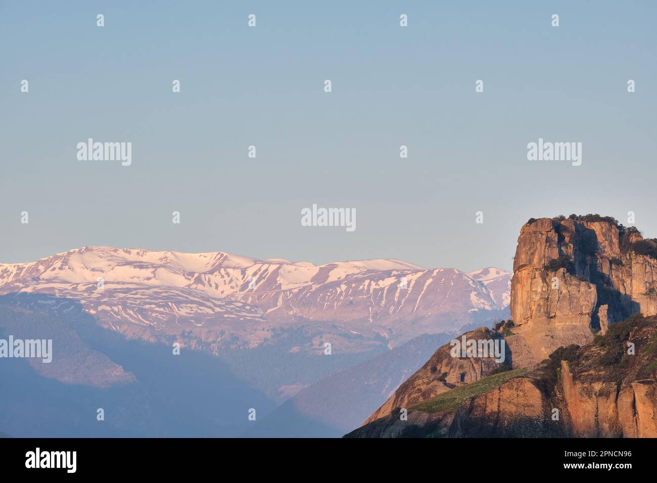 sunrise over Meteora in Spring with Athamanika mountains in the ...