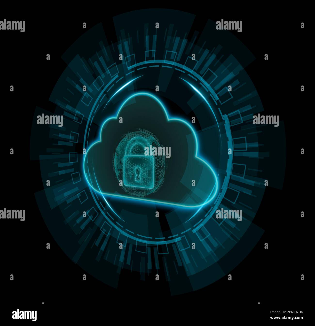 futuristic cloud with lock for security with blue hud circle Stock ...