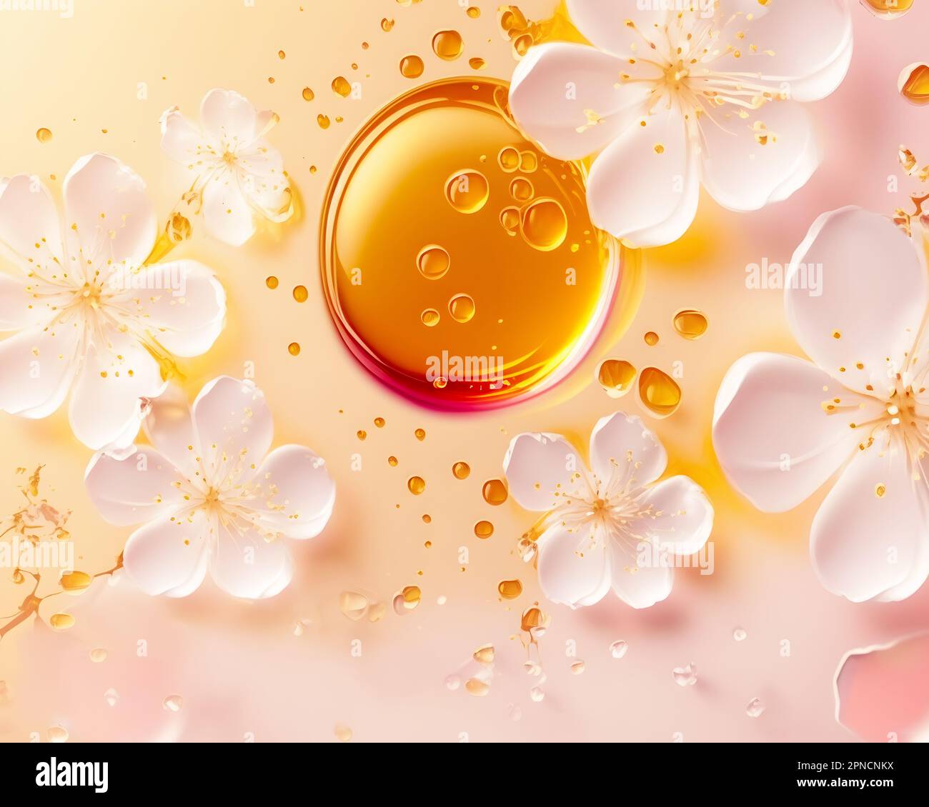 Beauty flower composition with blooming cherry blossom on pink gradient ...