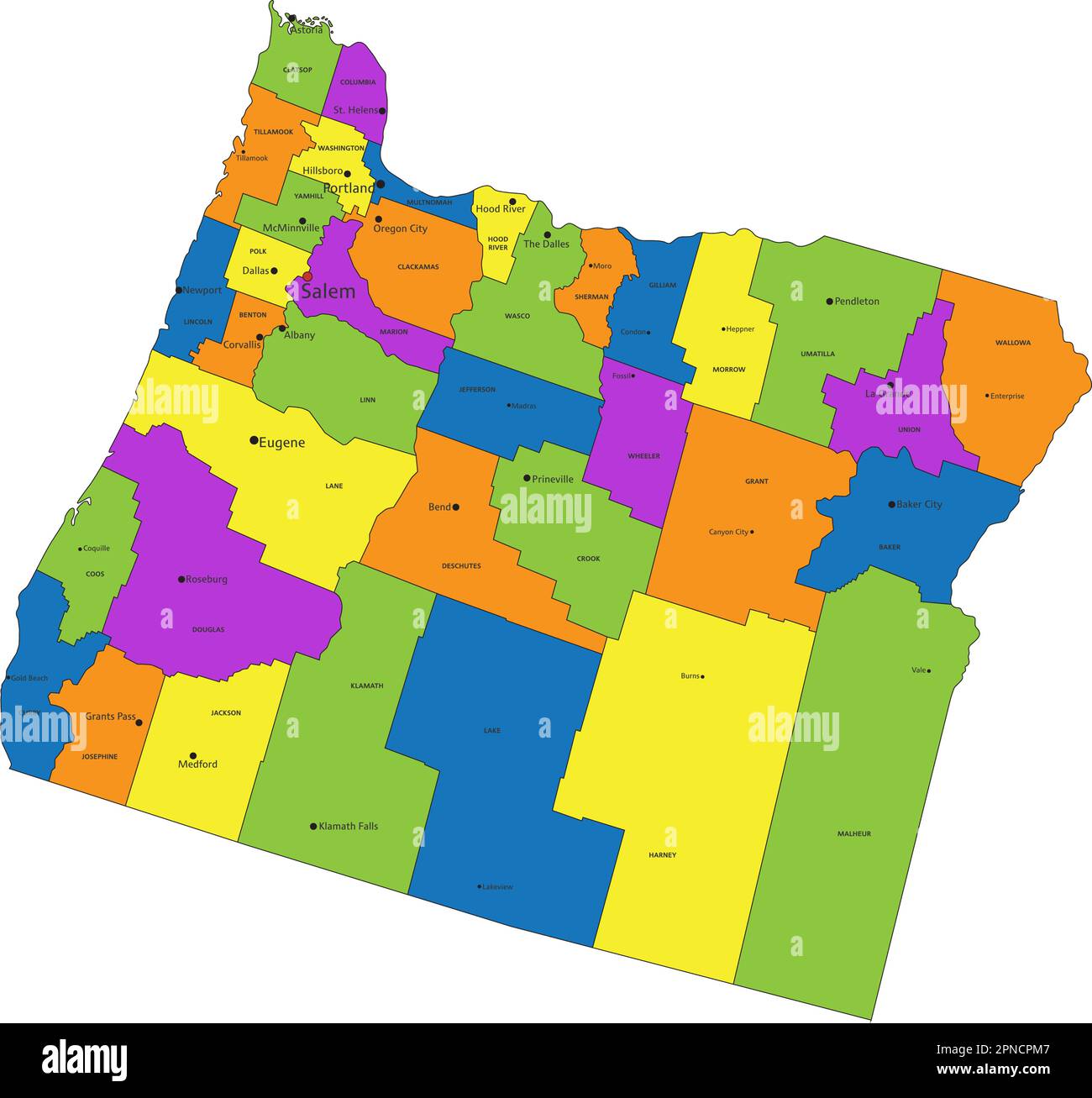 Colorful Oregon political map with clearly labeled, separated layers ...