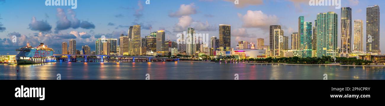 Skyline Panoramic of Miami Downtown at Dawn, illuminated Virgin Voyage ...