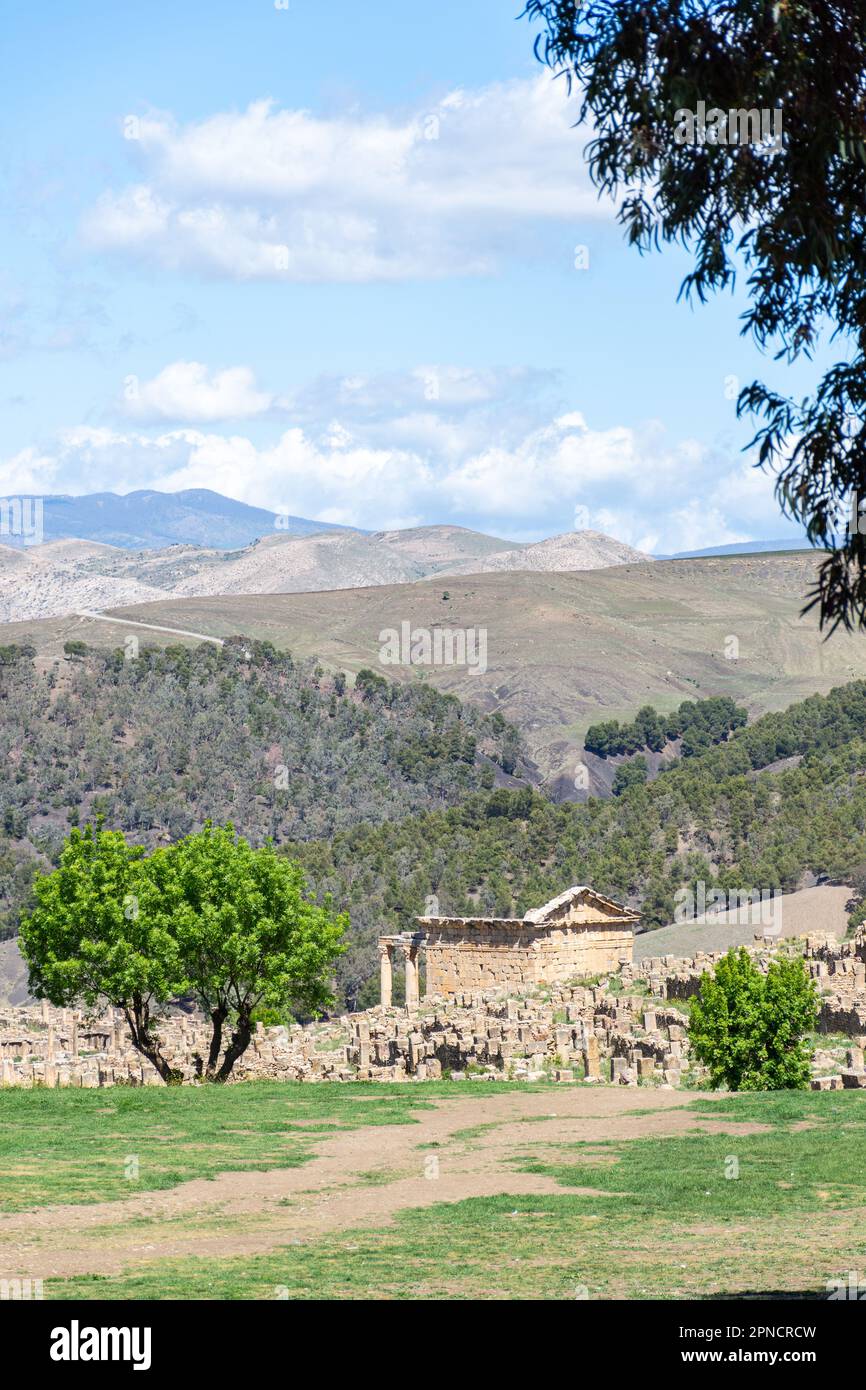 Panoramic view of the Roman ruins of the ancient city of Cuicul-Djemila ...