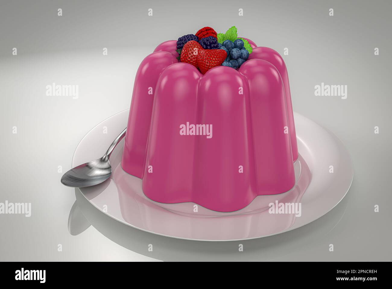 3d rendering - Forest fruits Pudding on plate with spoon, high quality ...