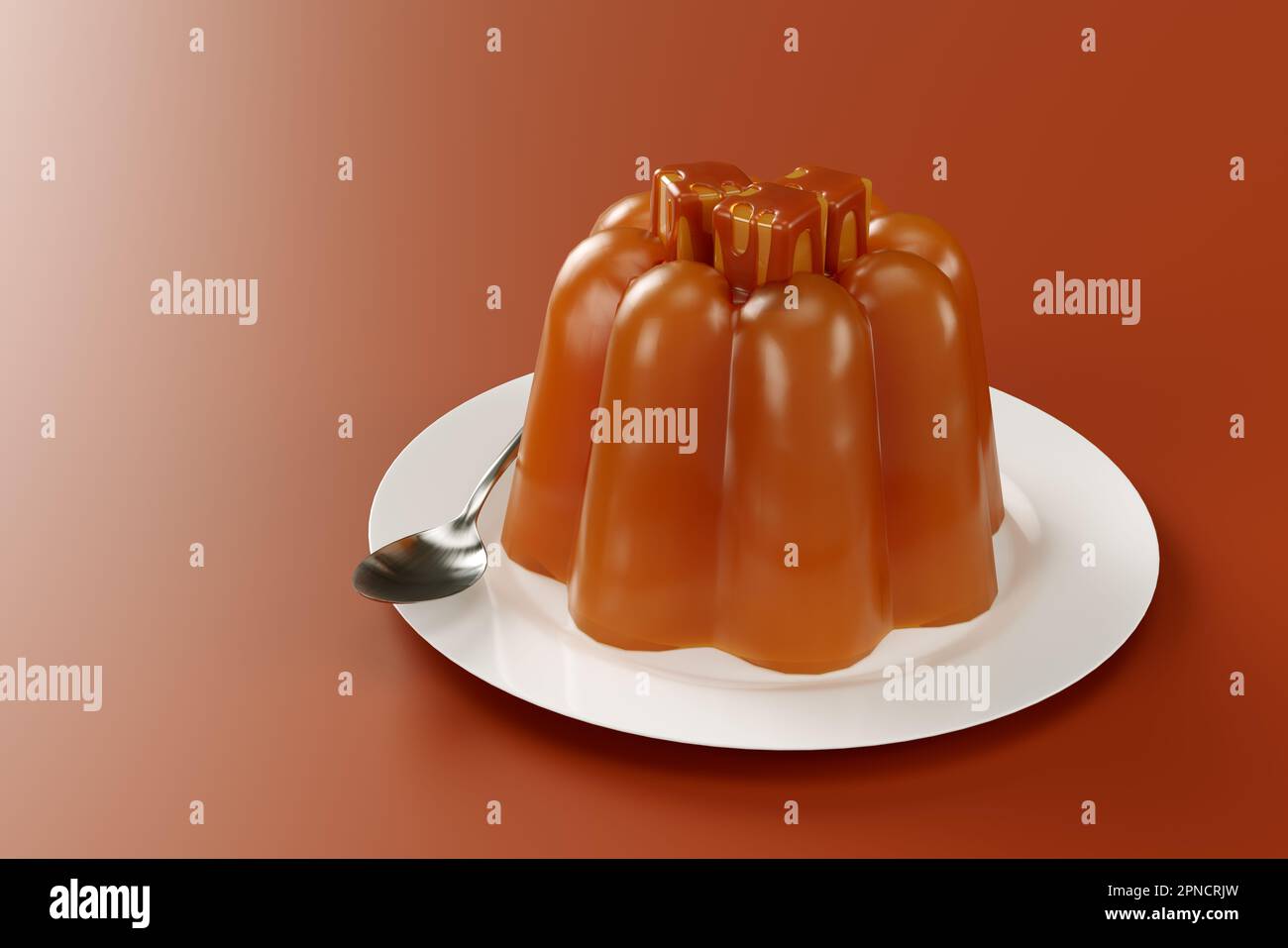 3d rendering - Caramel Pudding on plate with spoon, high quality ...
