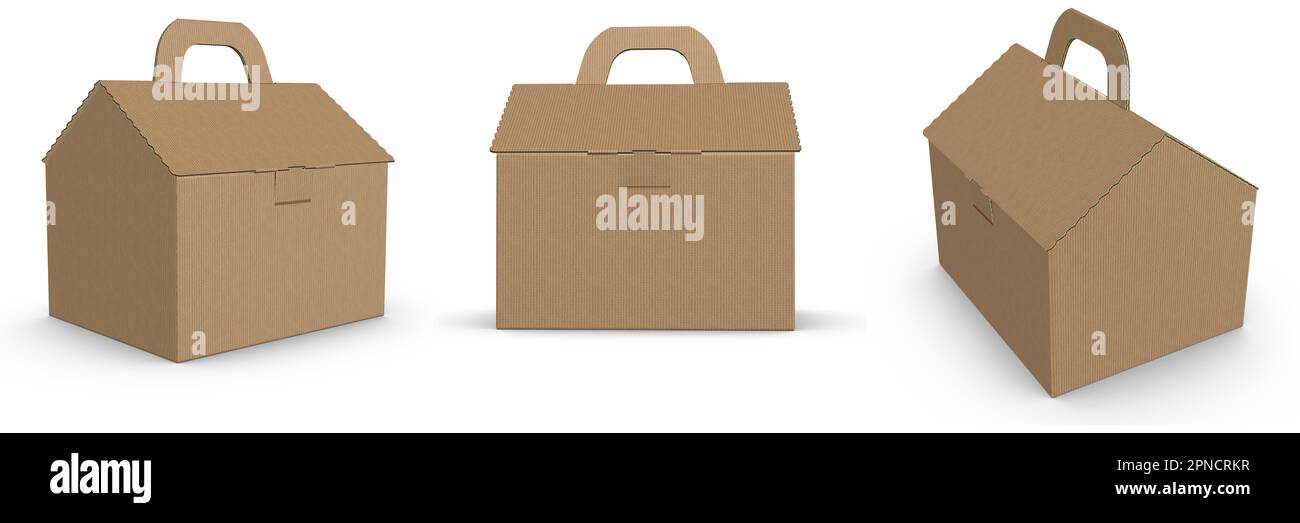 3d rendering - Cardboard box house, from three view isolated on white ...