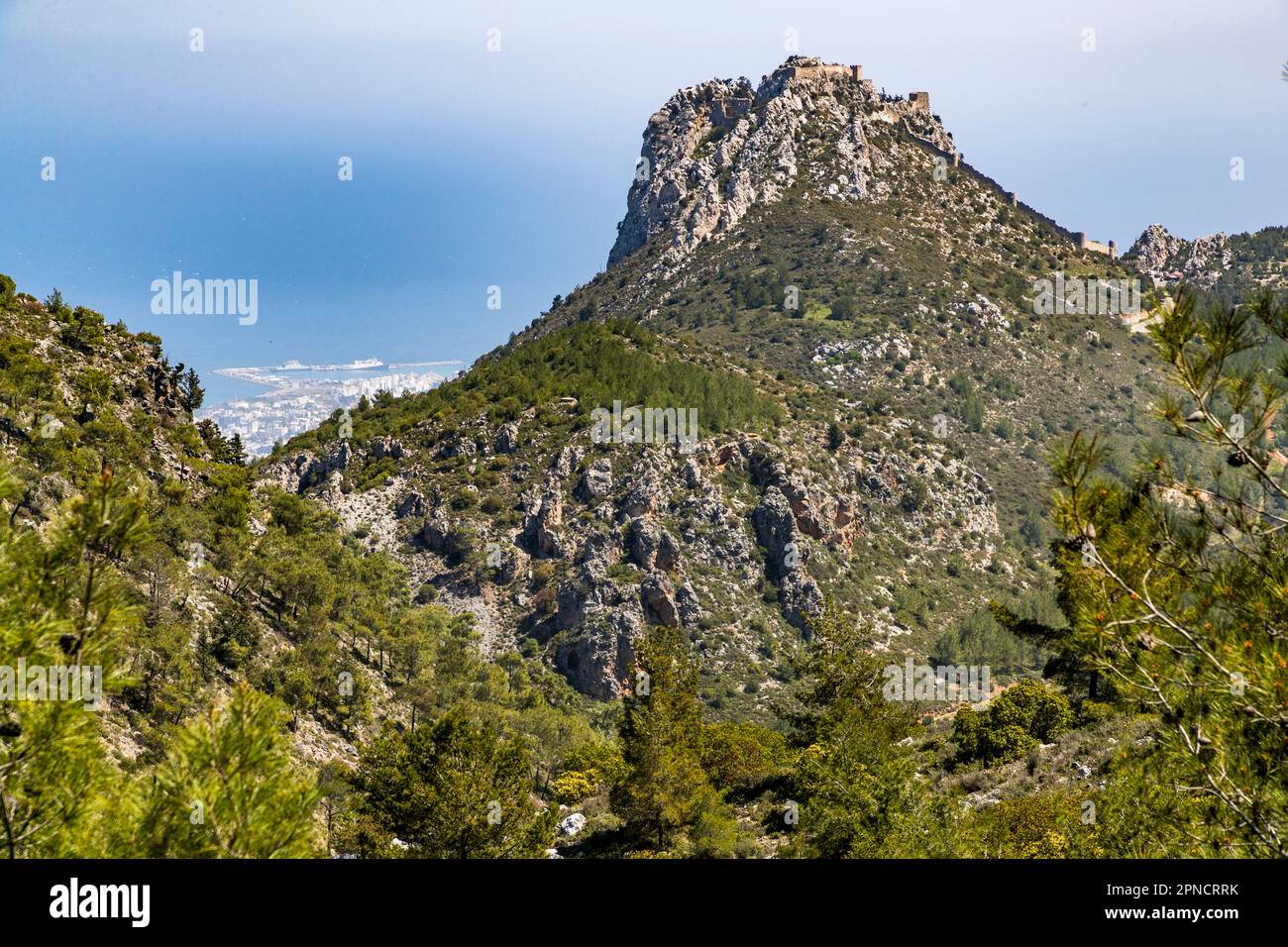 View of the high castle of St. Hilarion, 700 meters high built on ...