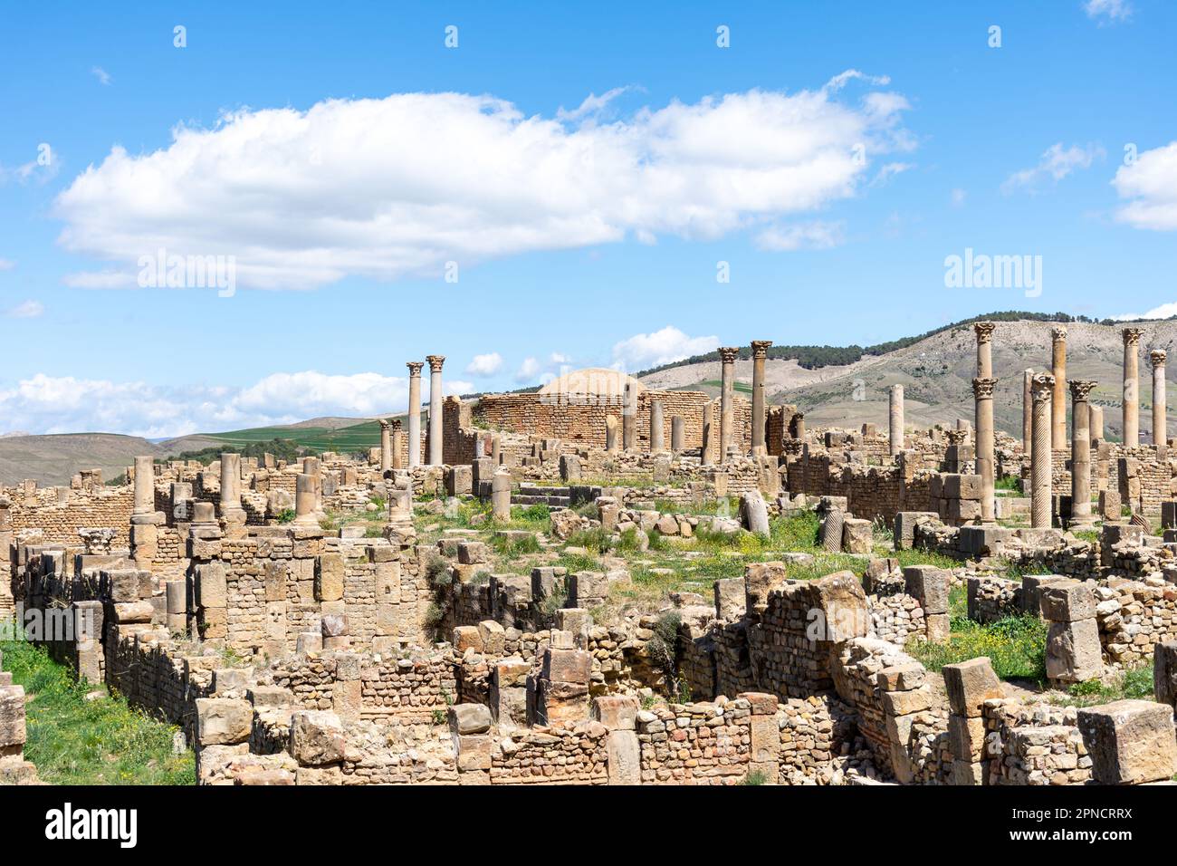 Panoramic view of the Roman ruins of the ancient city of Cuicul-Djemila ...