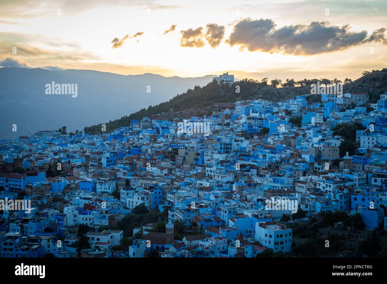 Chefchaouen, Morocco 2022: panoramic night view of the touristic blue ...