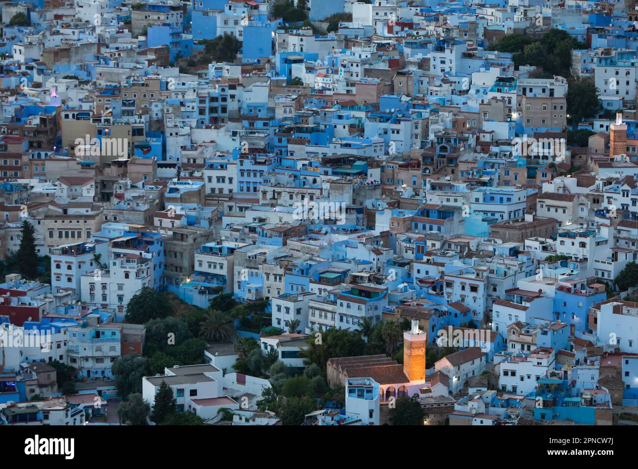 Chefchaouen, Morocco 2022: panoramic night view of the touristic blue ...