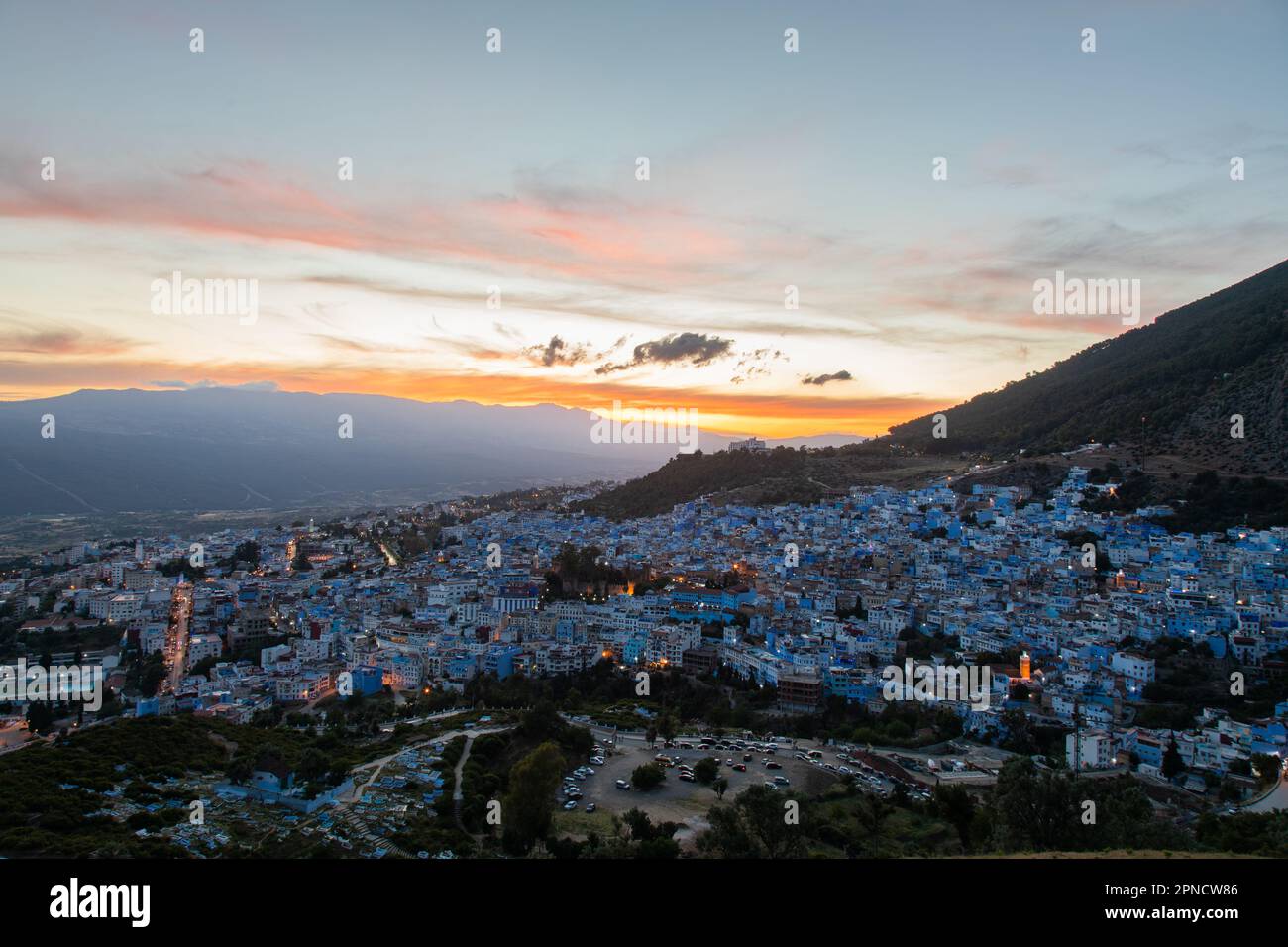 Chefchaouen, Morocco 2022: panoramic night view of the touristic blue ...