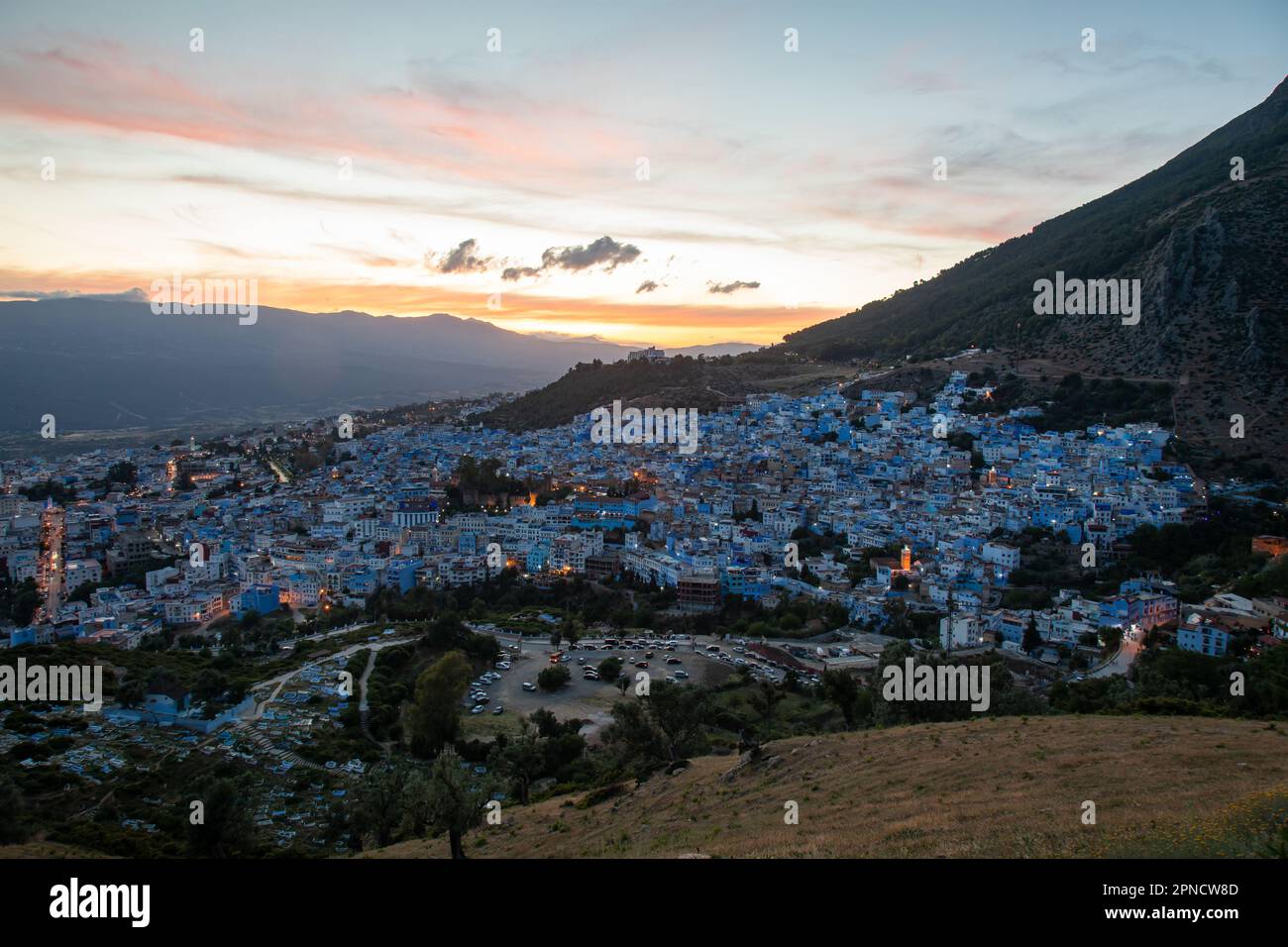 Chefchaouen, Morocco 2022: panoramic night view of the touristic blue ...