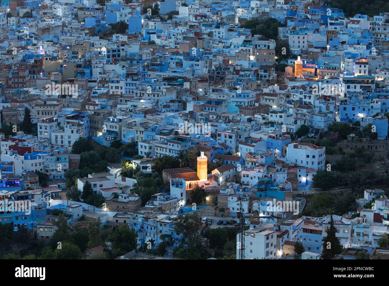 Chefchaouen, Morocco 2022: panoramic night view of the touristic blue ...