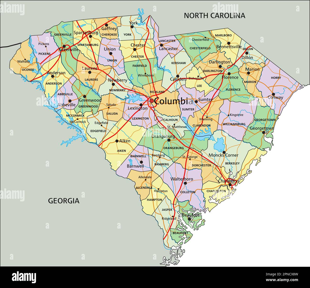 South Carolina - Highly detailed editable political map with labeling ...