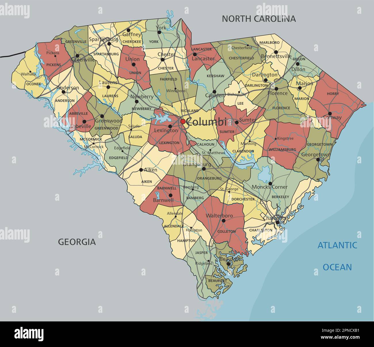 South Carolina - Highly detailed editable political map with labeling ...
