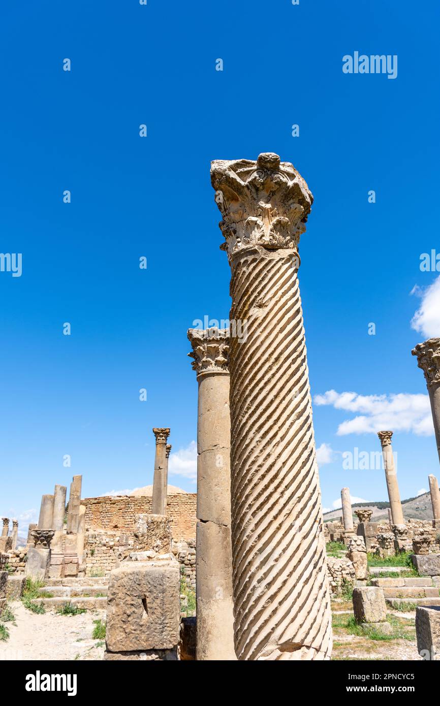 View of Roman columns in the ancient city of Cuicul-Djemila. UNESCO ...