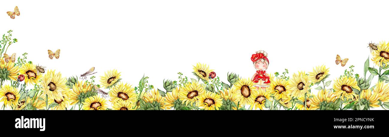 Watercolor horizontal seamless background with sunflowers. Butterflies ...