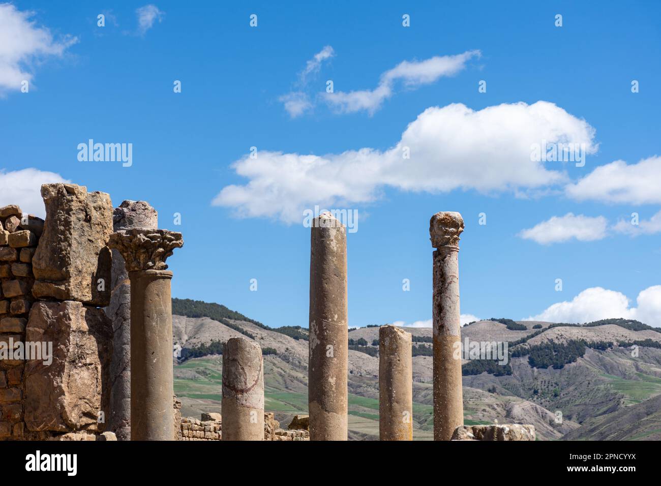 View of Roman columns in the ancient city of Cuicul-Djemila. UNESCO ...