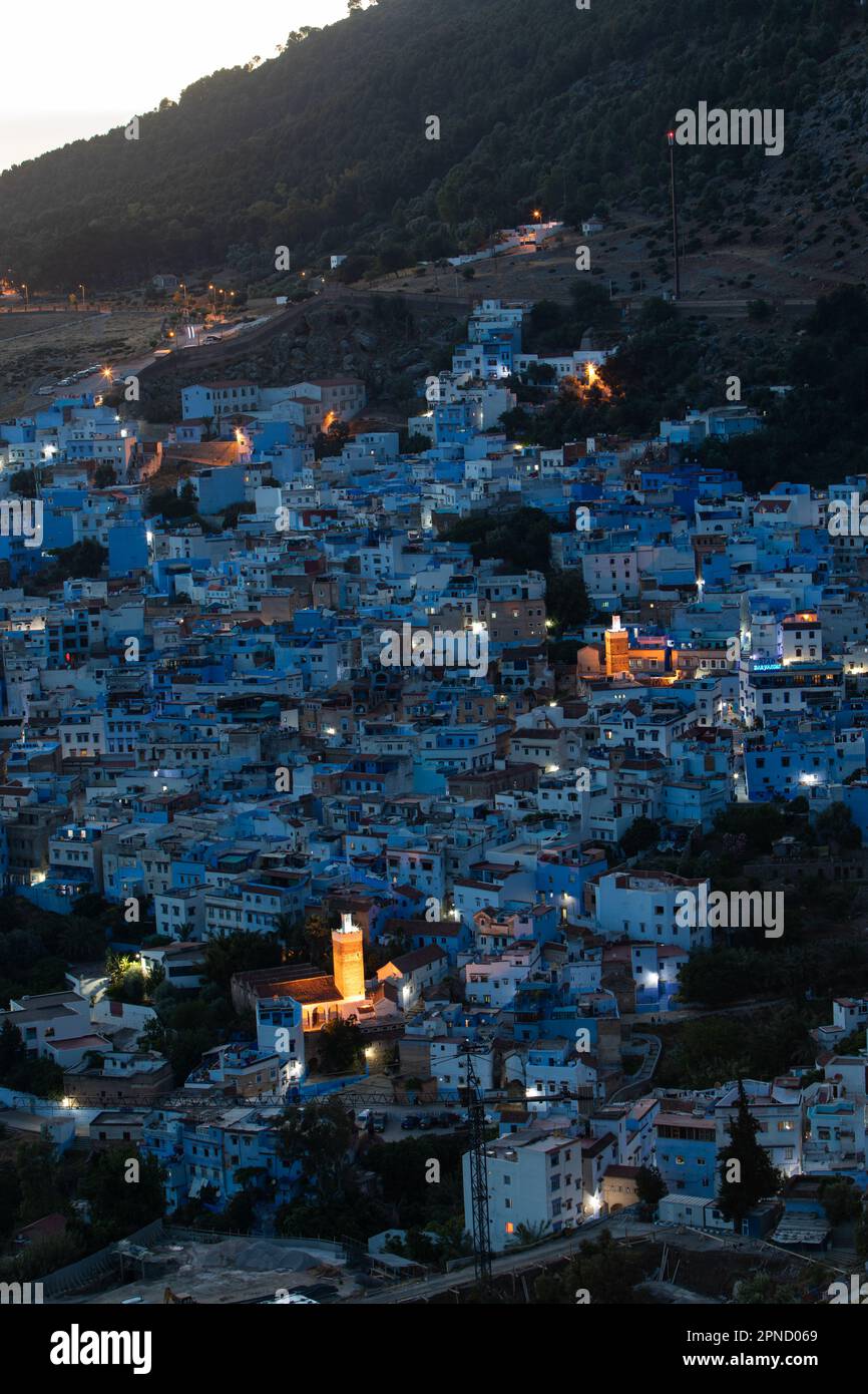 Chefchaouen, Morocco 2022: panoramic night view of the touristic blue ...