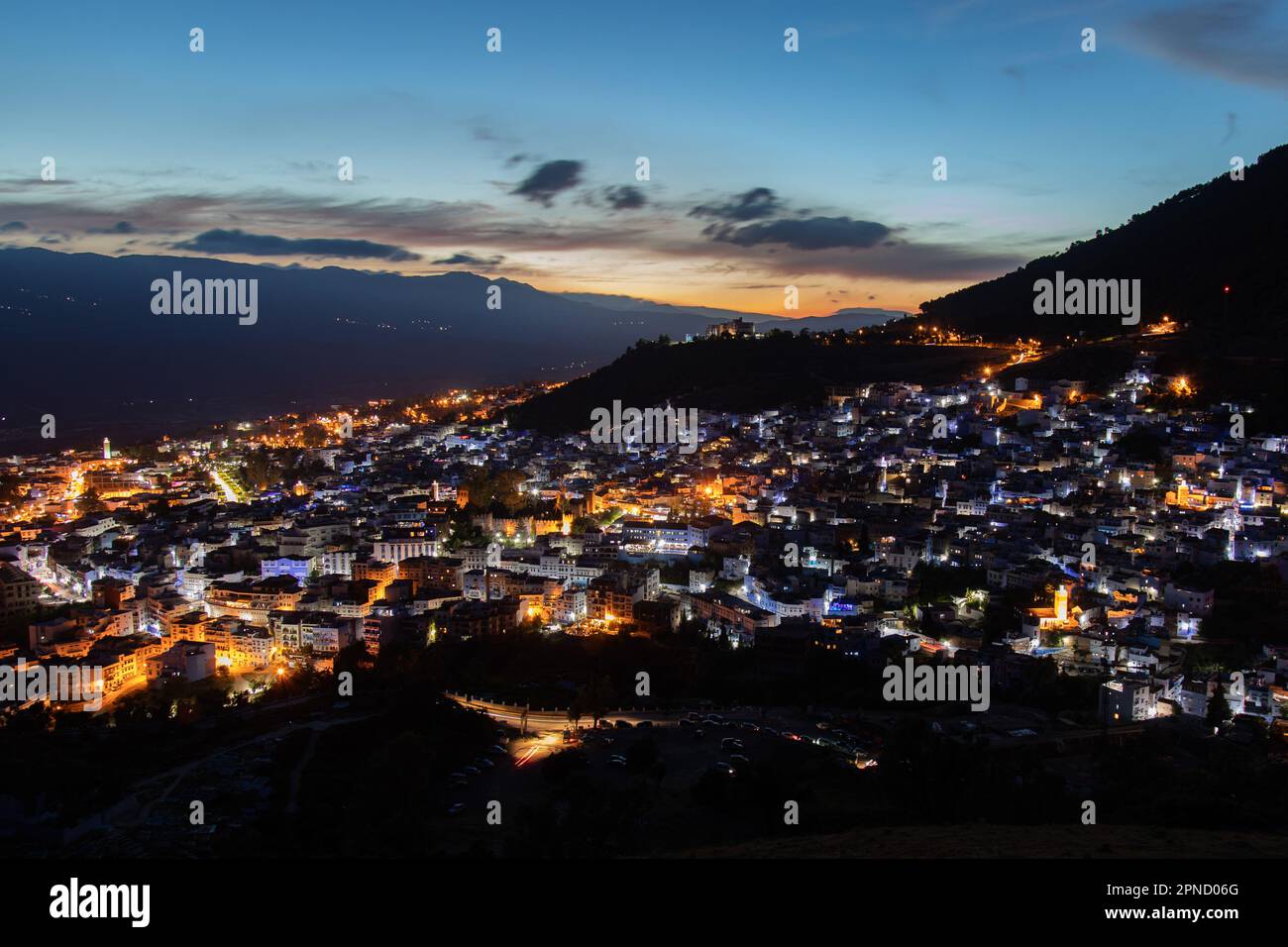Chefchaouen, Morocco 2022: panoramic night view of the touristic blue ...