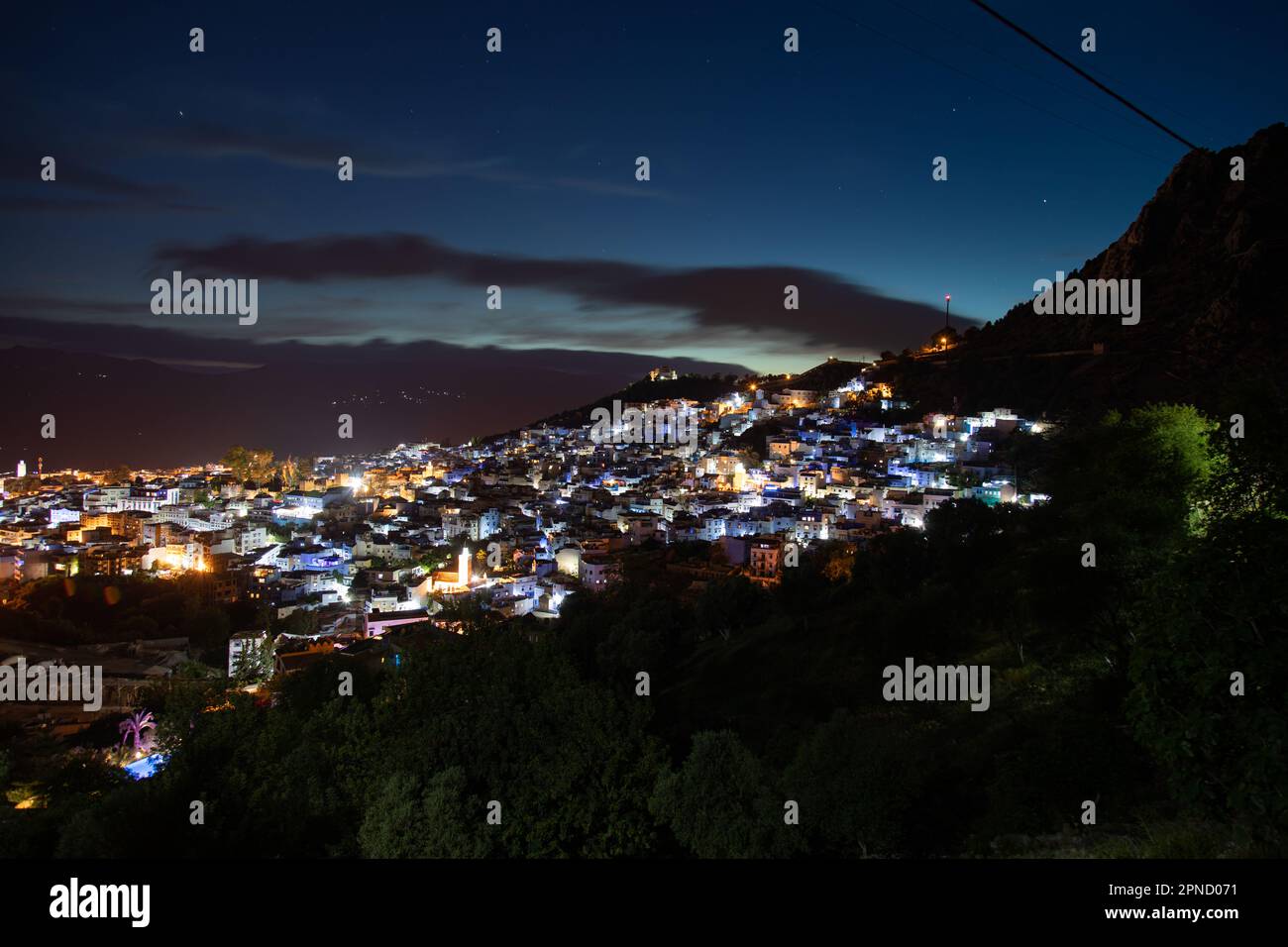 Chefchaouen, Morocco 2022: panoramic night view of the touristic blue ...