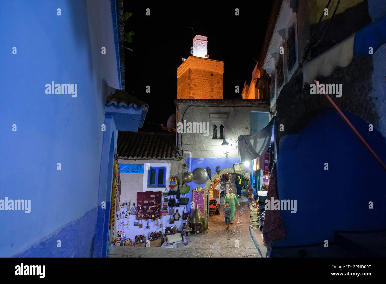 Chefchaouen, Morocco 2022: night view of the blue city with narrow and ...