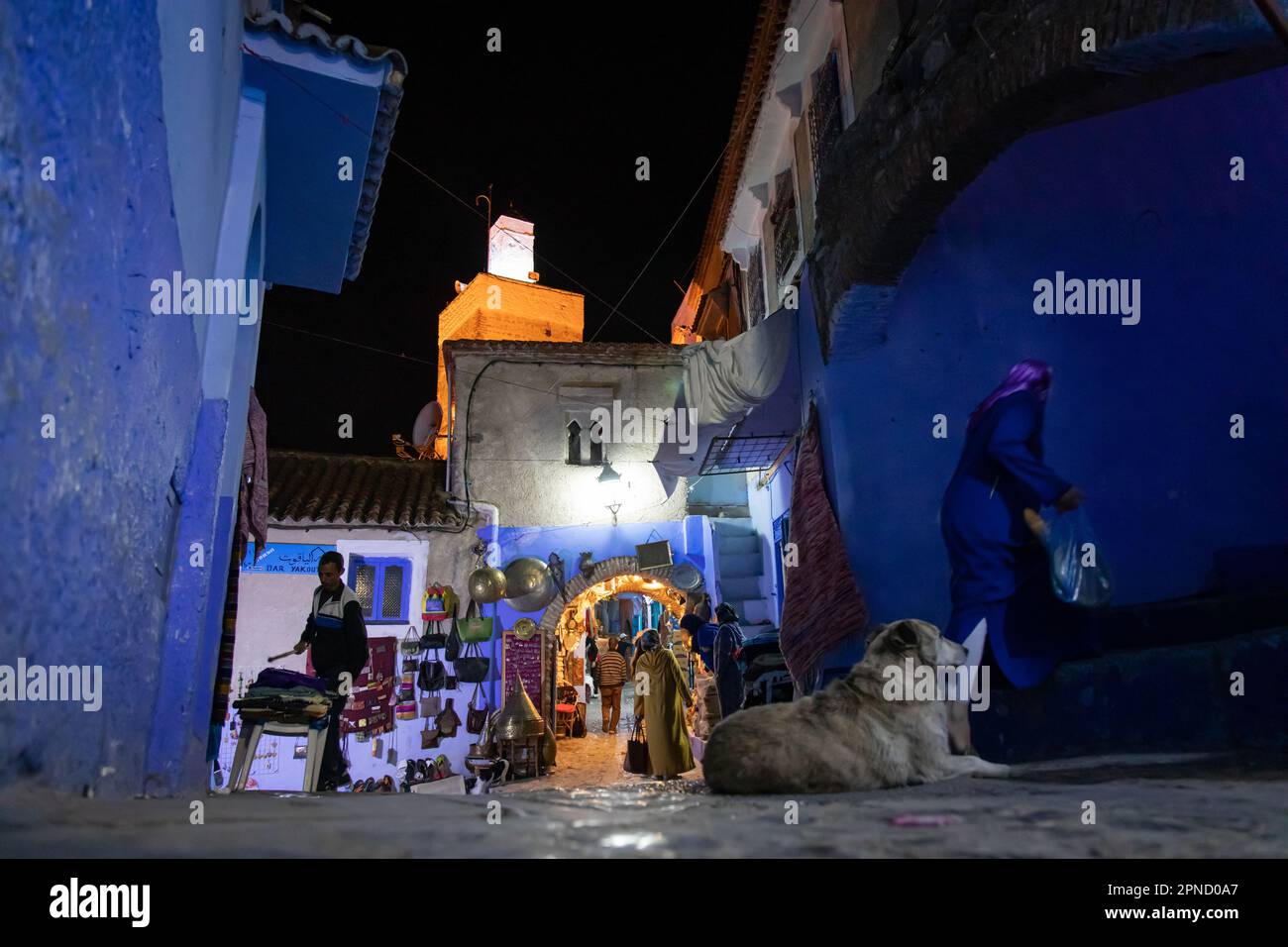 Chefchaouen, Morocco 2022: night view of the blue city with narrow and ...