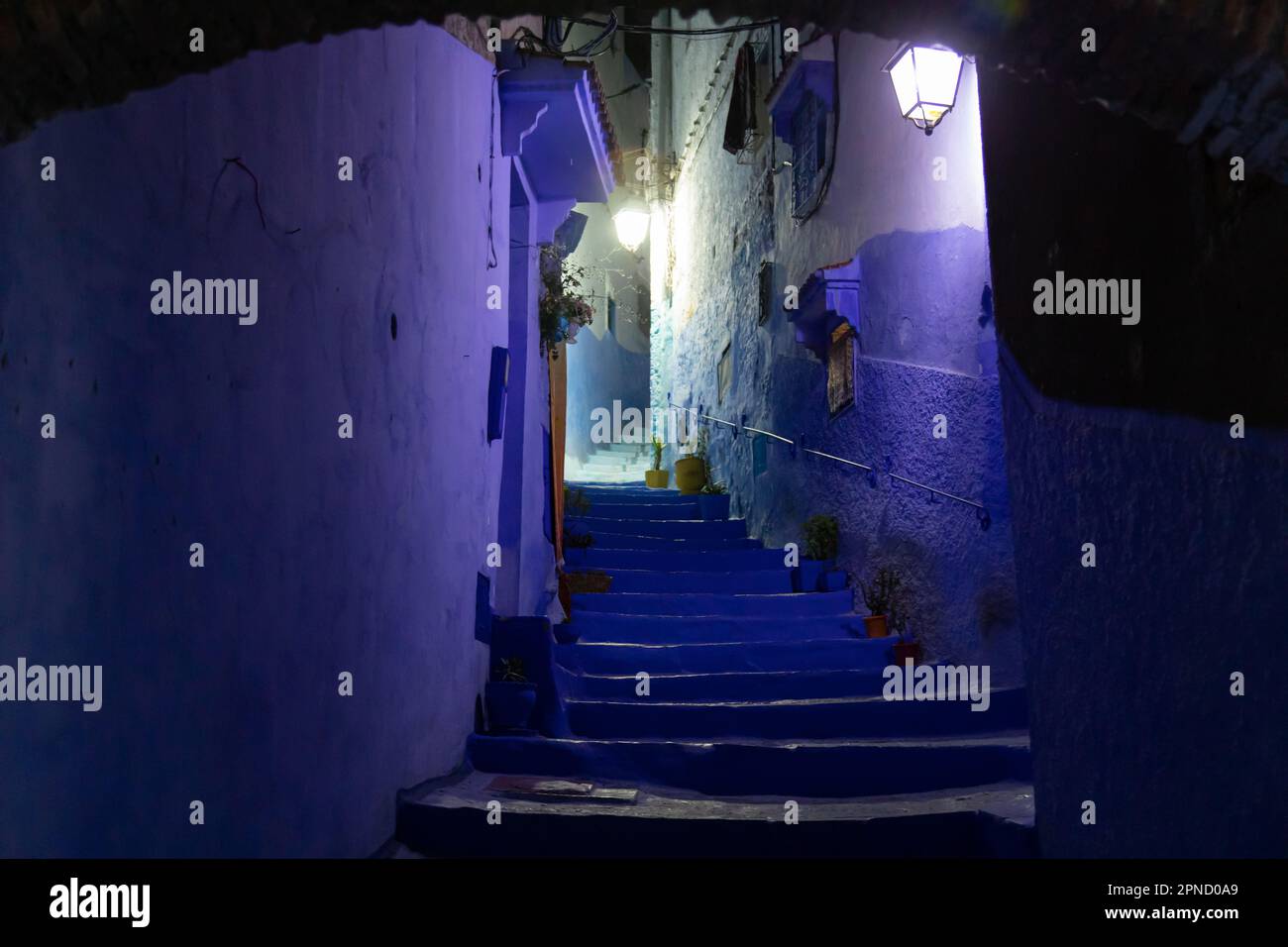 Chefchaouen, Morocco 2022: night view of the blue city with narrow and ...