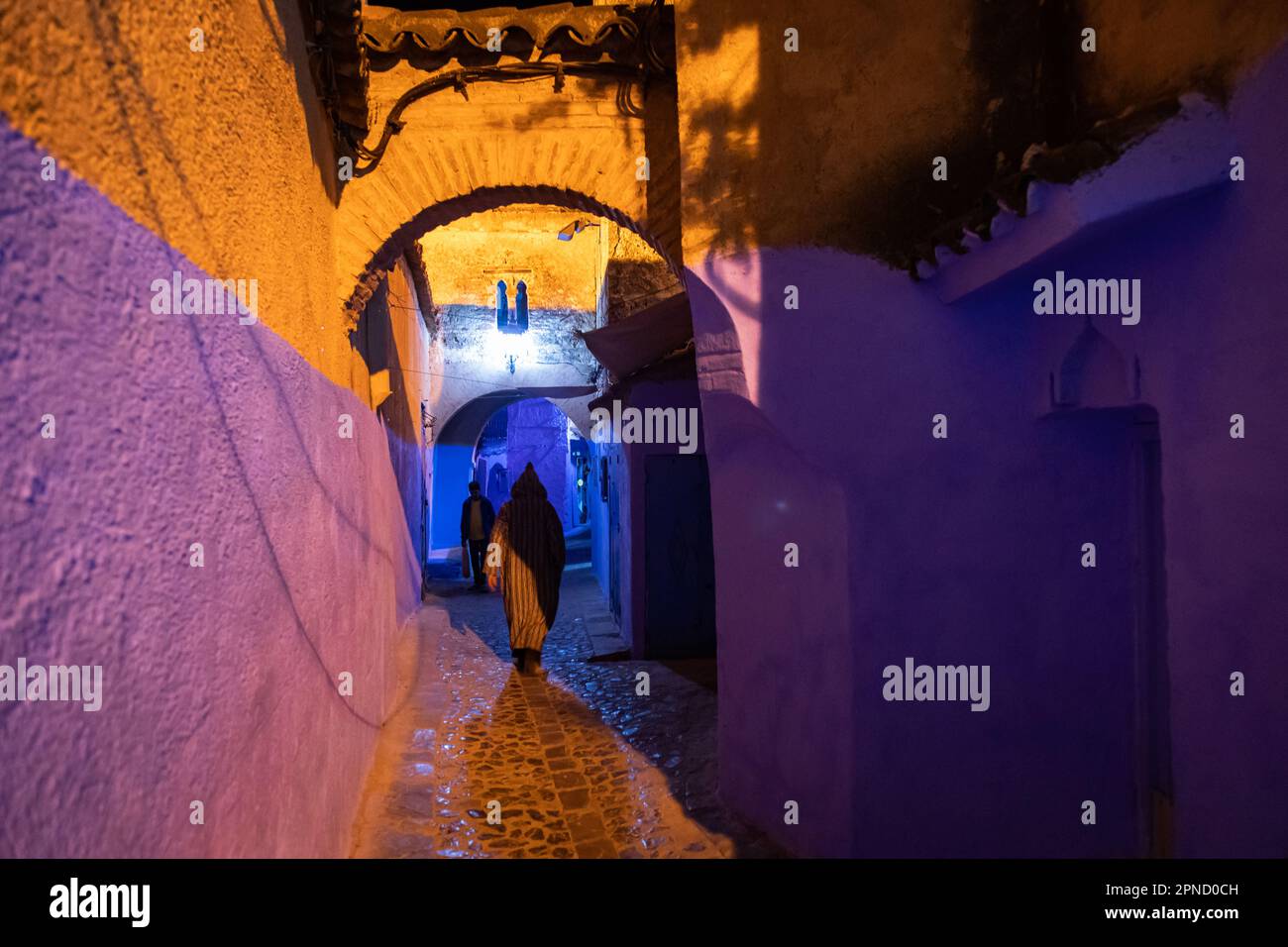 Chefchaouen, Morocco 2022: night view of the blue city with narrow and ...