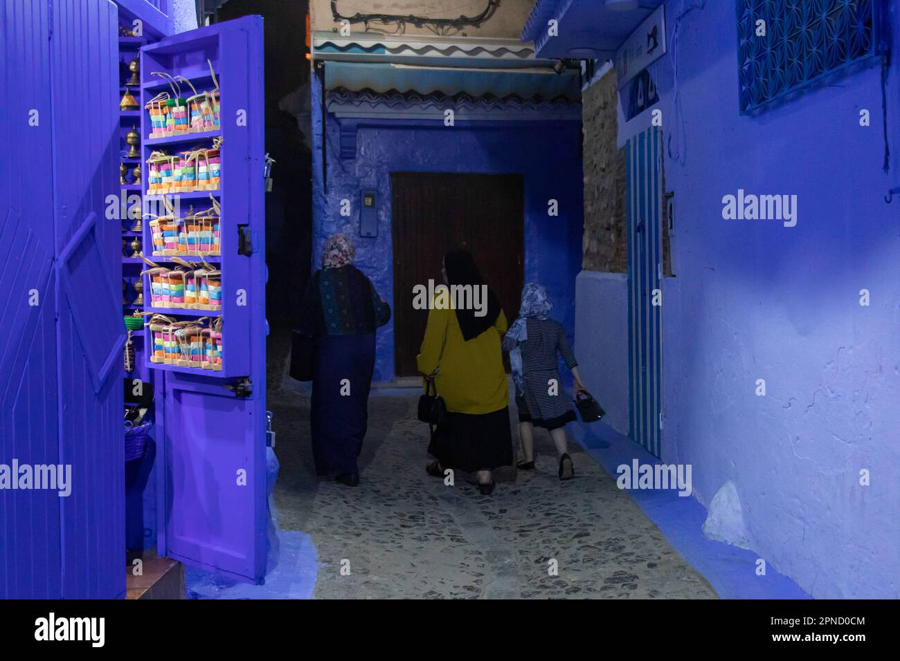Chefchaouen, Morocco 2022: night view of the blue city with narrow and ...