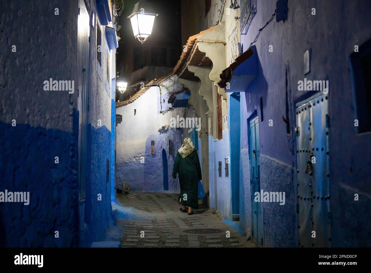Chefchaouen, Morocco 2022: night view of the blue city with narrow and ...