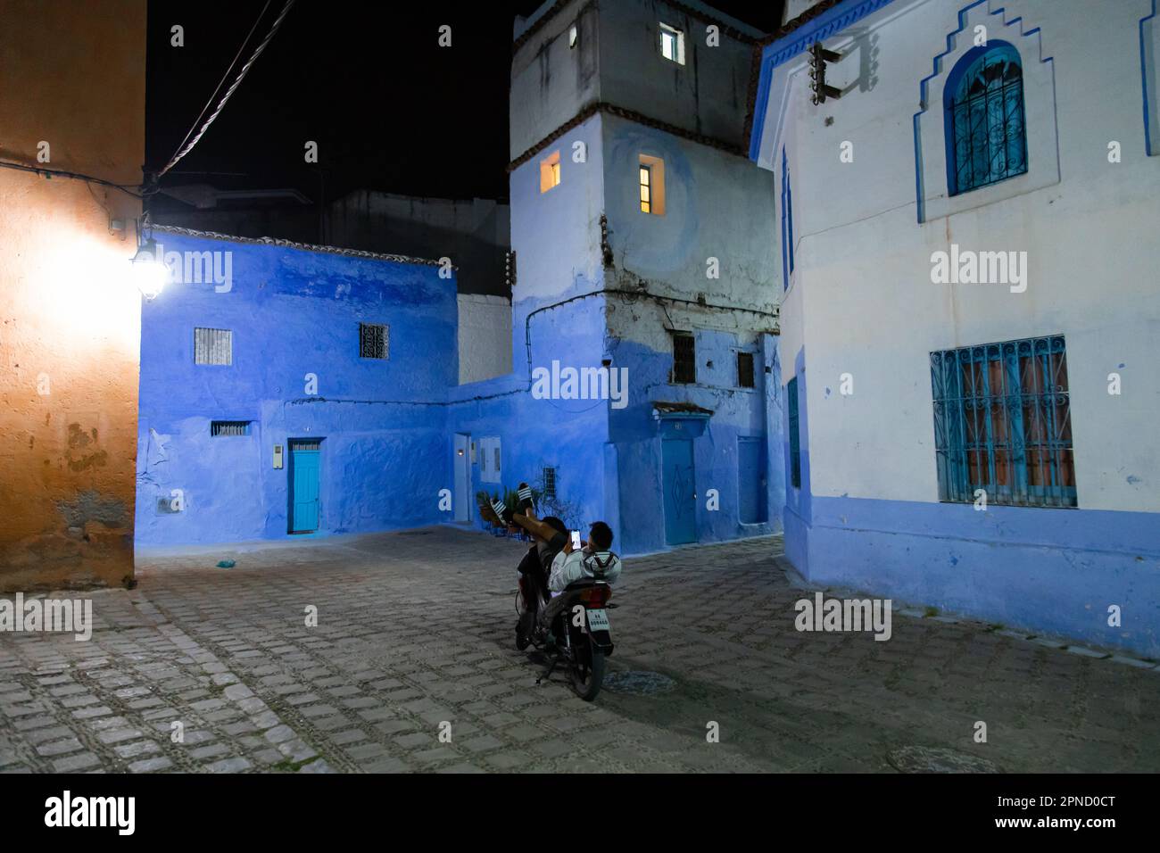 Chefchaouen, Morocco 2022: night view of the blue city with narrow and ...