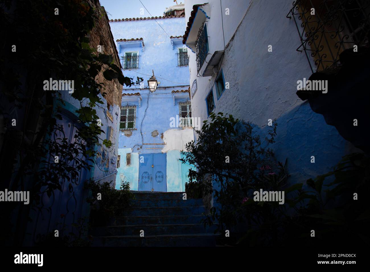 Chefchaouen, Morocco 2022: night view of the blue city with narrow and ...