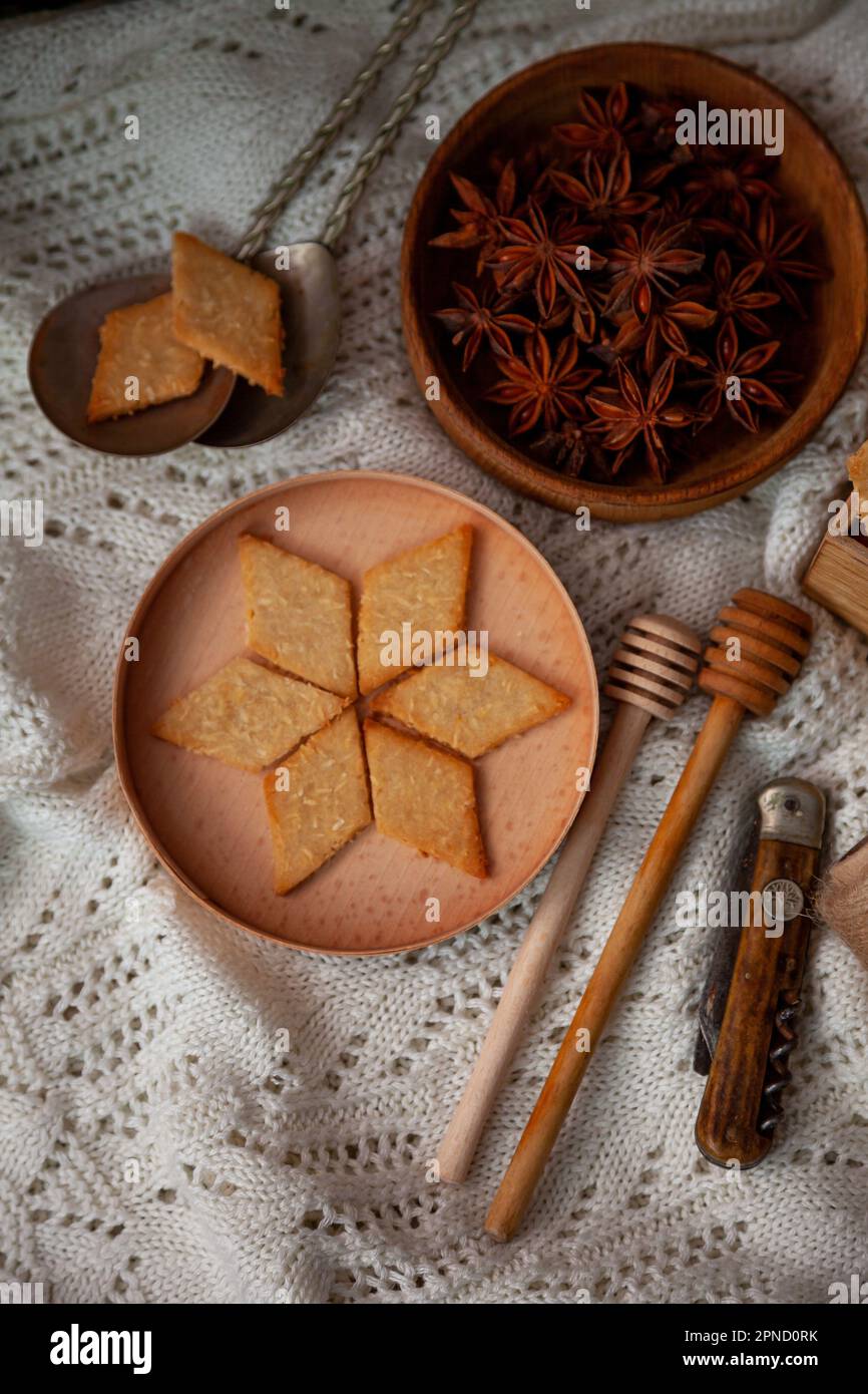 Homemade cookies with coconut. Rhombus shaped cookie. Sweet food ...