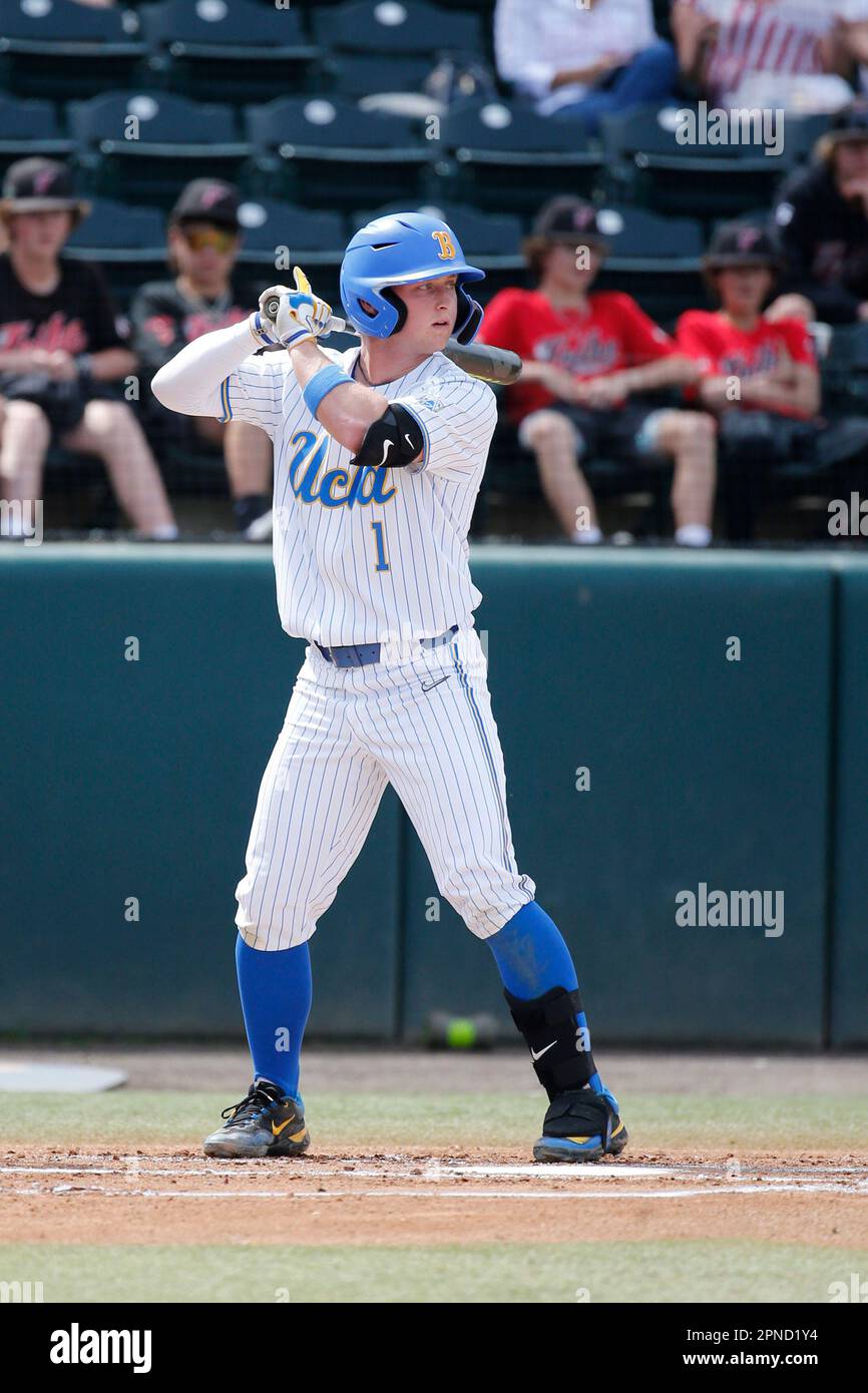 Cody Schrier (1) of the UCLA Bruins bats during an NCAA baseball game ...