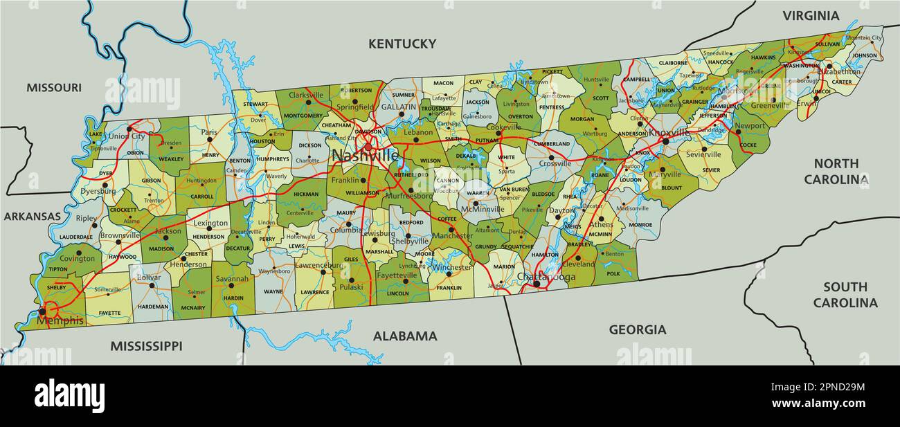 Highly detailed editable political map with separated layers. Tennessee ...