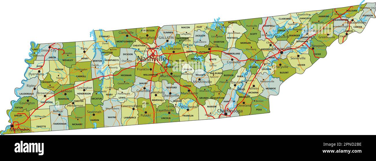 Highly detailed editable political map with separated layers. Tennessee ...