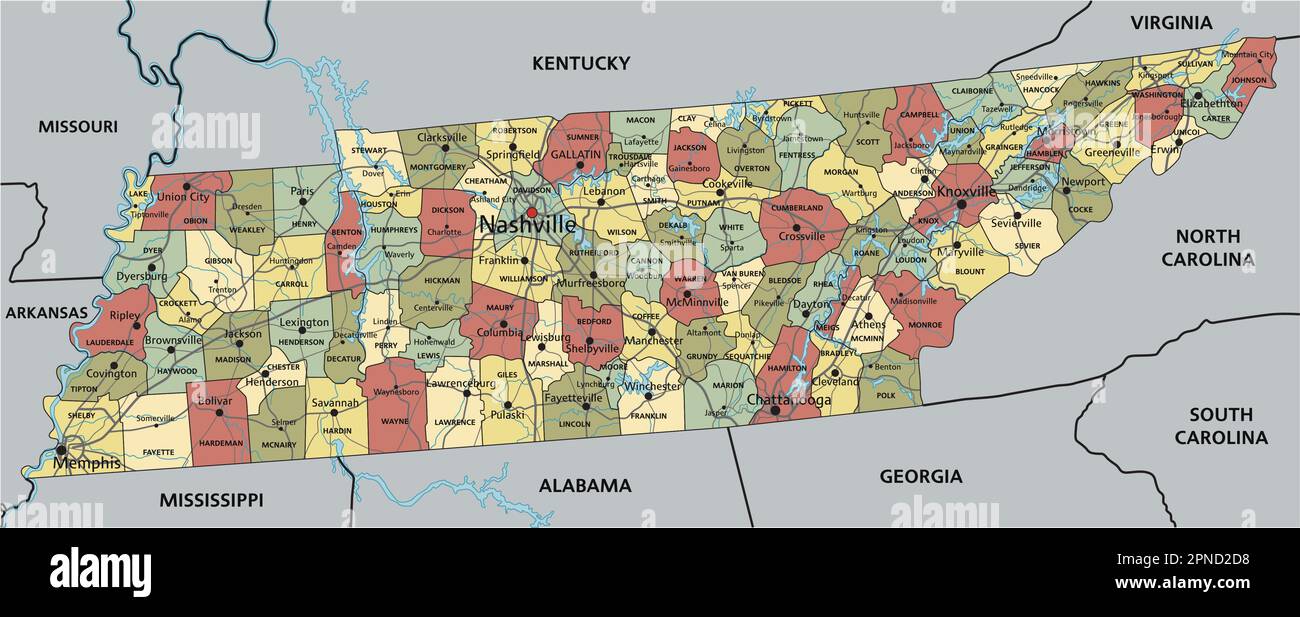 Tennessee - Highly detailed editable political map with labeling Stock ...