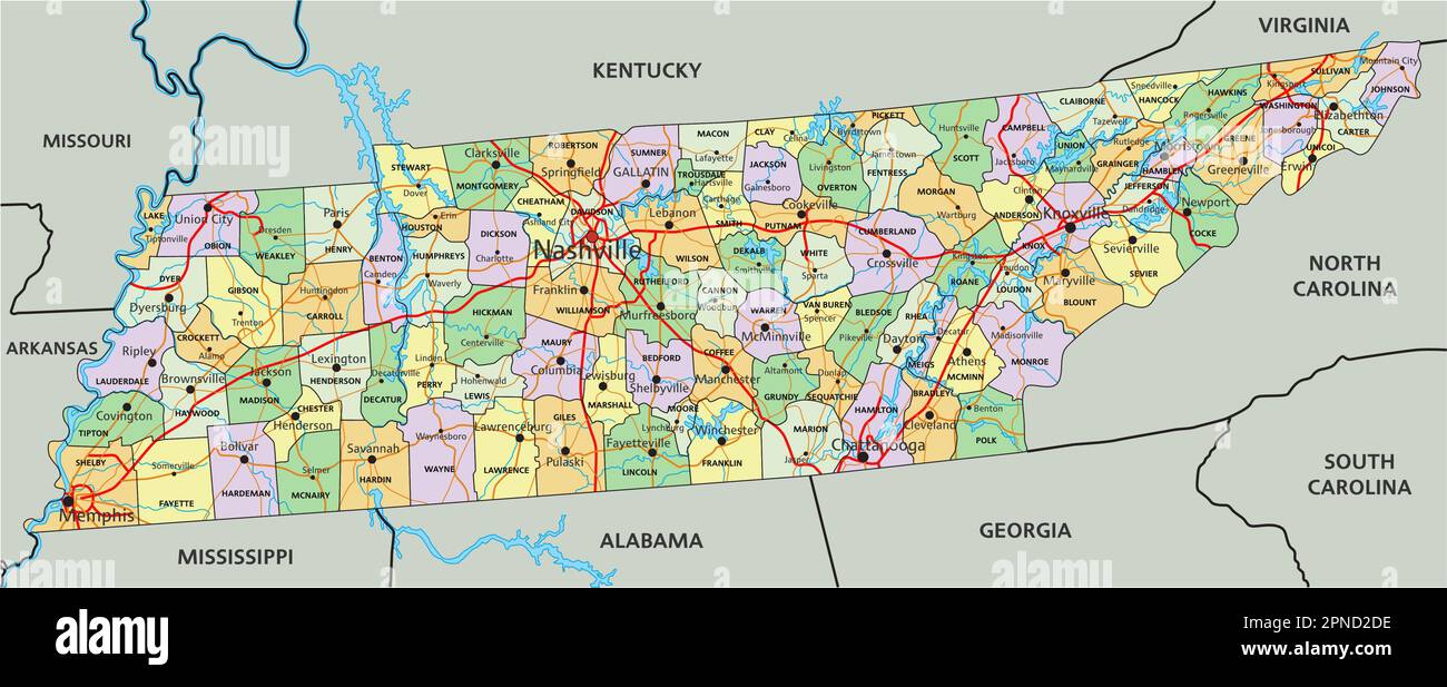 Tennessee - Highly detailed editable political map with labeling Stock ...