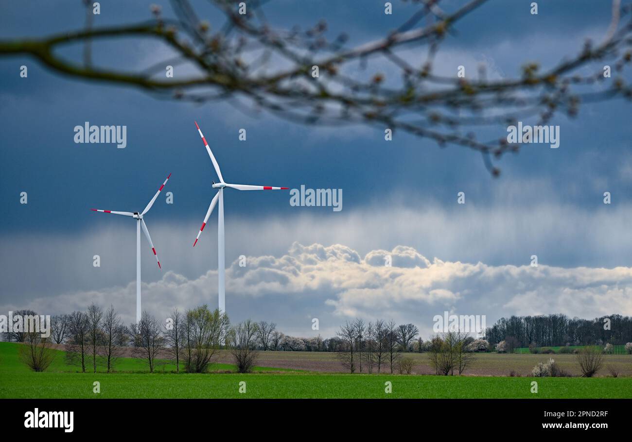 Sieversdorf, Germany. 11th Apr, 2023. Two turbines in the "Odervorland" wind energy park ...