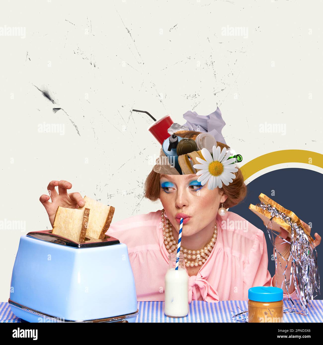 Beautiful young girl with bright makeup drinking milk, eating toast ...