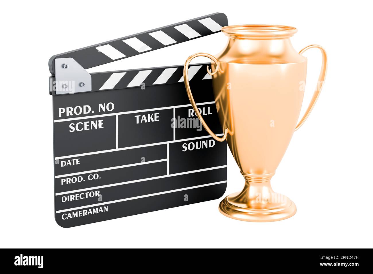 Clapperboard with gold trophy cup award, 3D rendering isolated on white ...