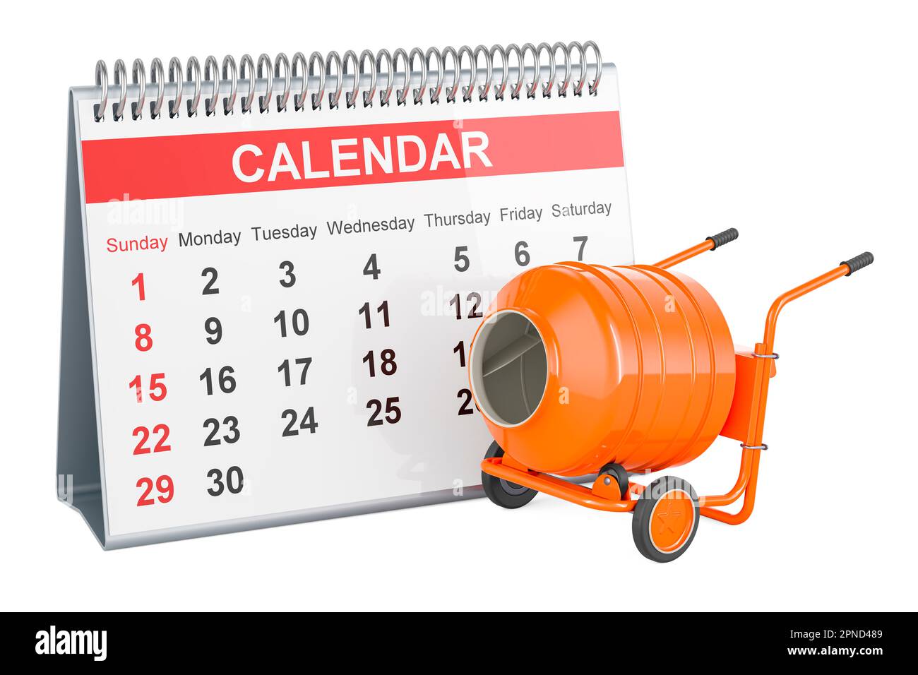 Cement mixer with desk calendar, 3D rendering isolated on white ...
