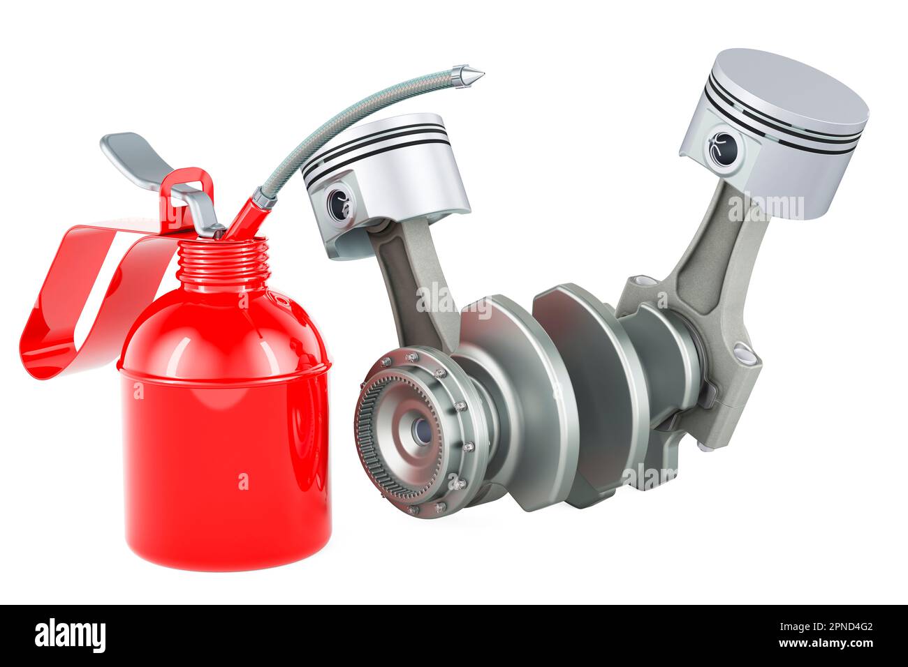 Engine pistons with oil can, 3D rendering isolated on white background ...