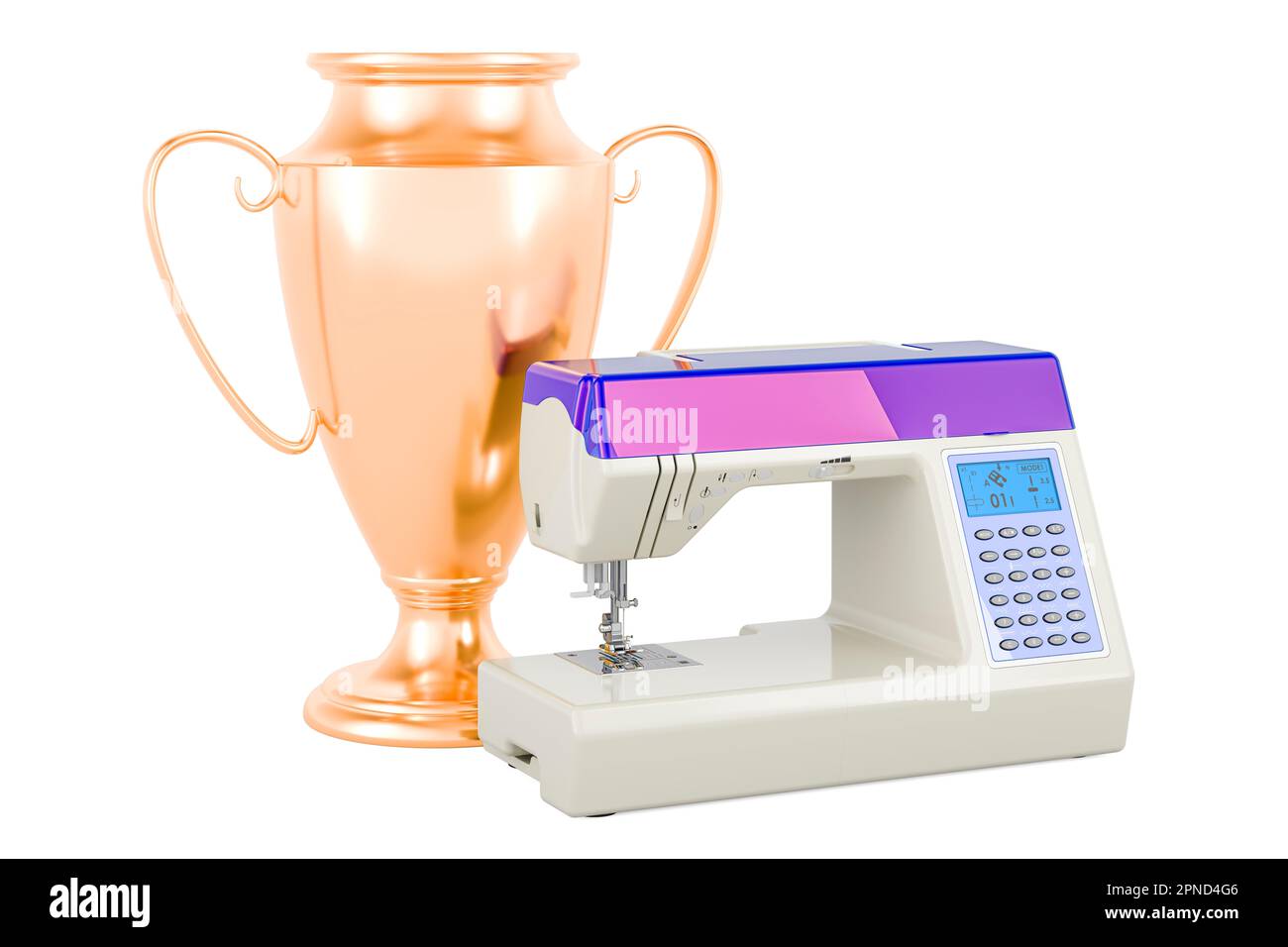 Electronic sewing machine with gold trophy cup award. 3D rendering ...
